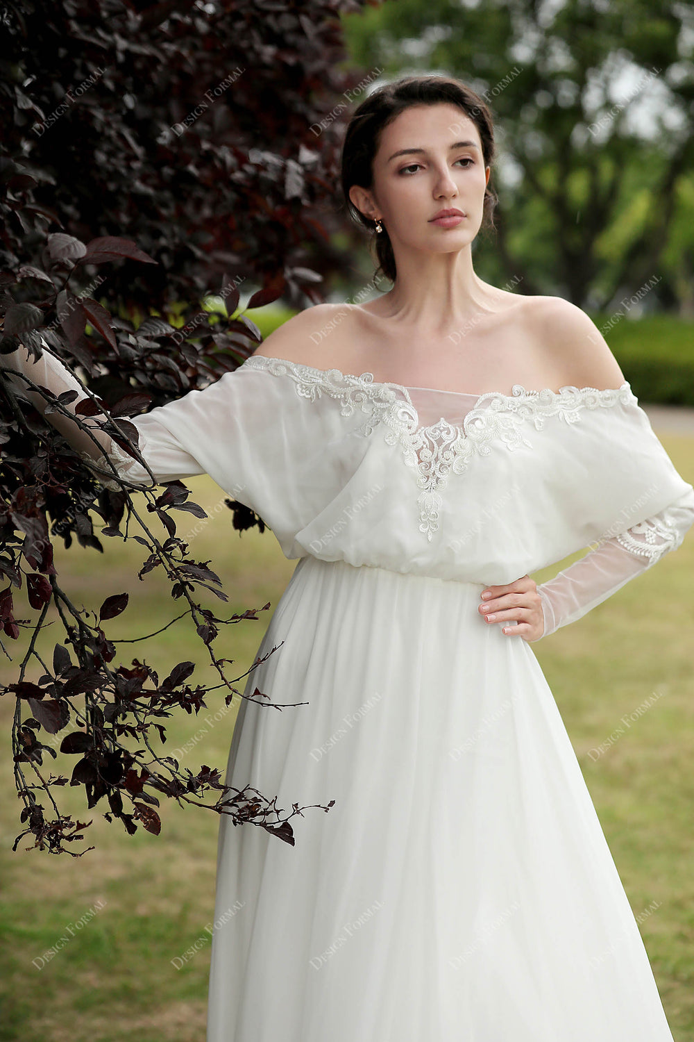 Off-shoulder Flowy Chiffon Spring A-line Beach Wedding Dress