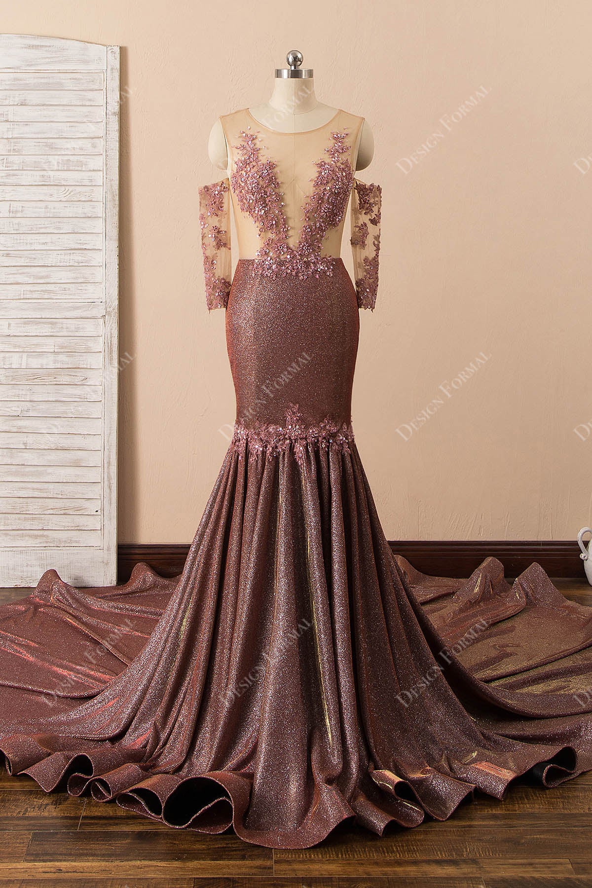 Rusty Glitter Illusion Cold Shoulder Long Train Dramatic Prom Dress