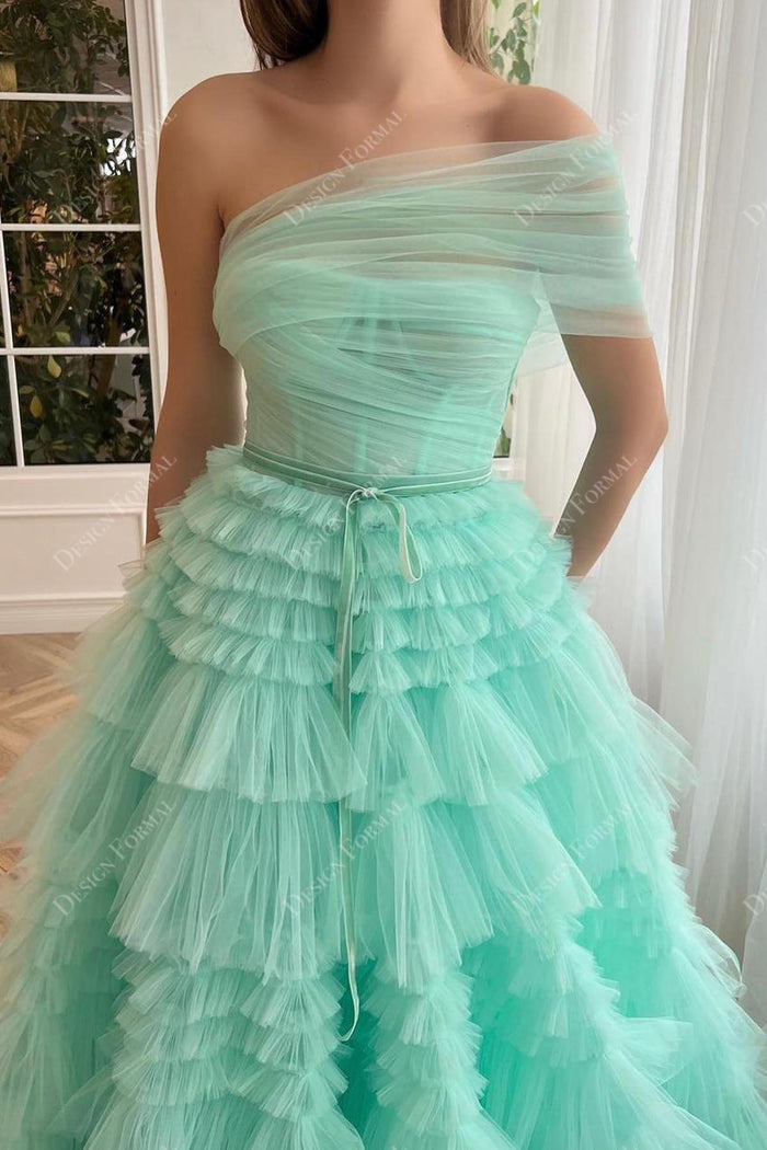 Turquoise Tiered Pleated Tulle One-shoulder Hand-made Bridal Gown