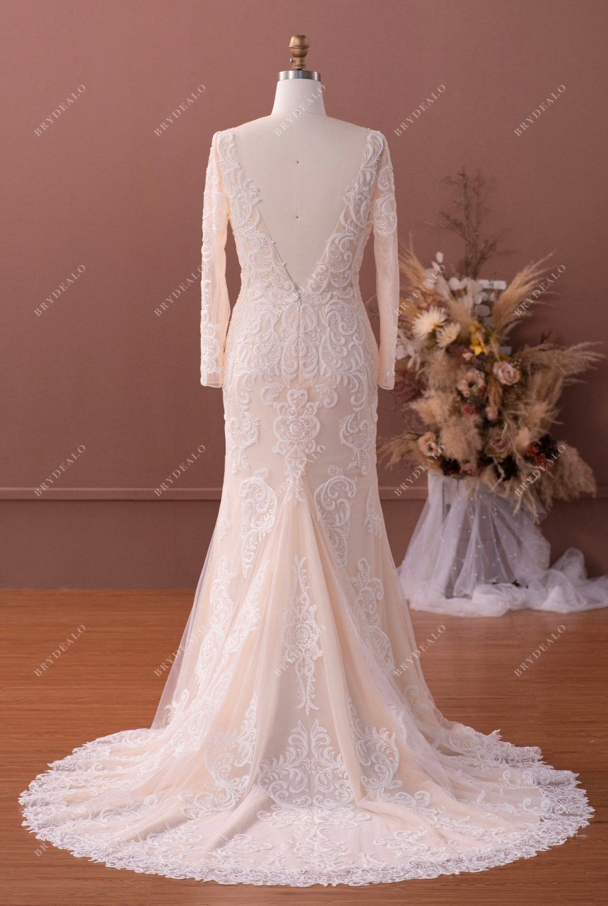 Luxury Beaded Lace Sleeved Trendy Mermaid Champagne Wedding Dress
