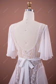 Flutter Sleeve Lace Chiffon Boho A-line Summer Nude Beige Wedding Dress