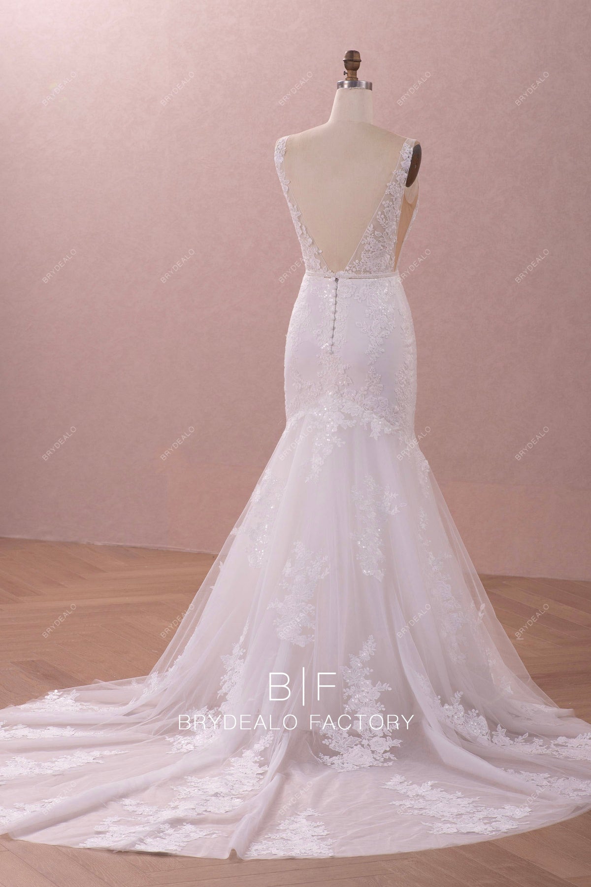 Designer Lace Plunging Neck Trumpet Open Back Wedding Dress