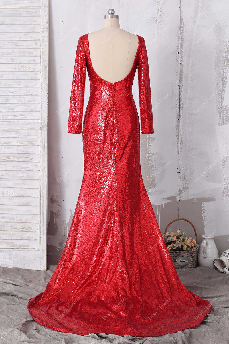 Red Sequin Long Sleeve Elegant Boat Neck Plus Size Simple Formal Dress