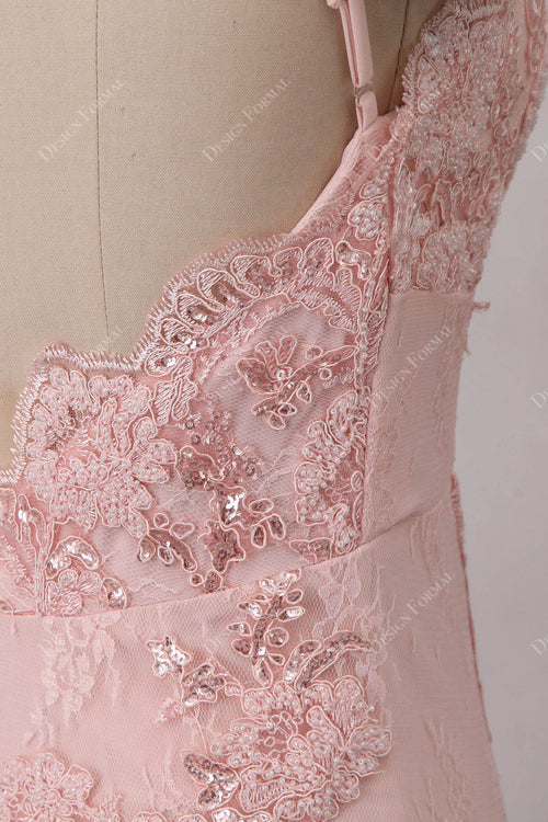 Pink Beaded Lace Sexy Slit Sheath Evening Prom Bridal Dress