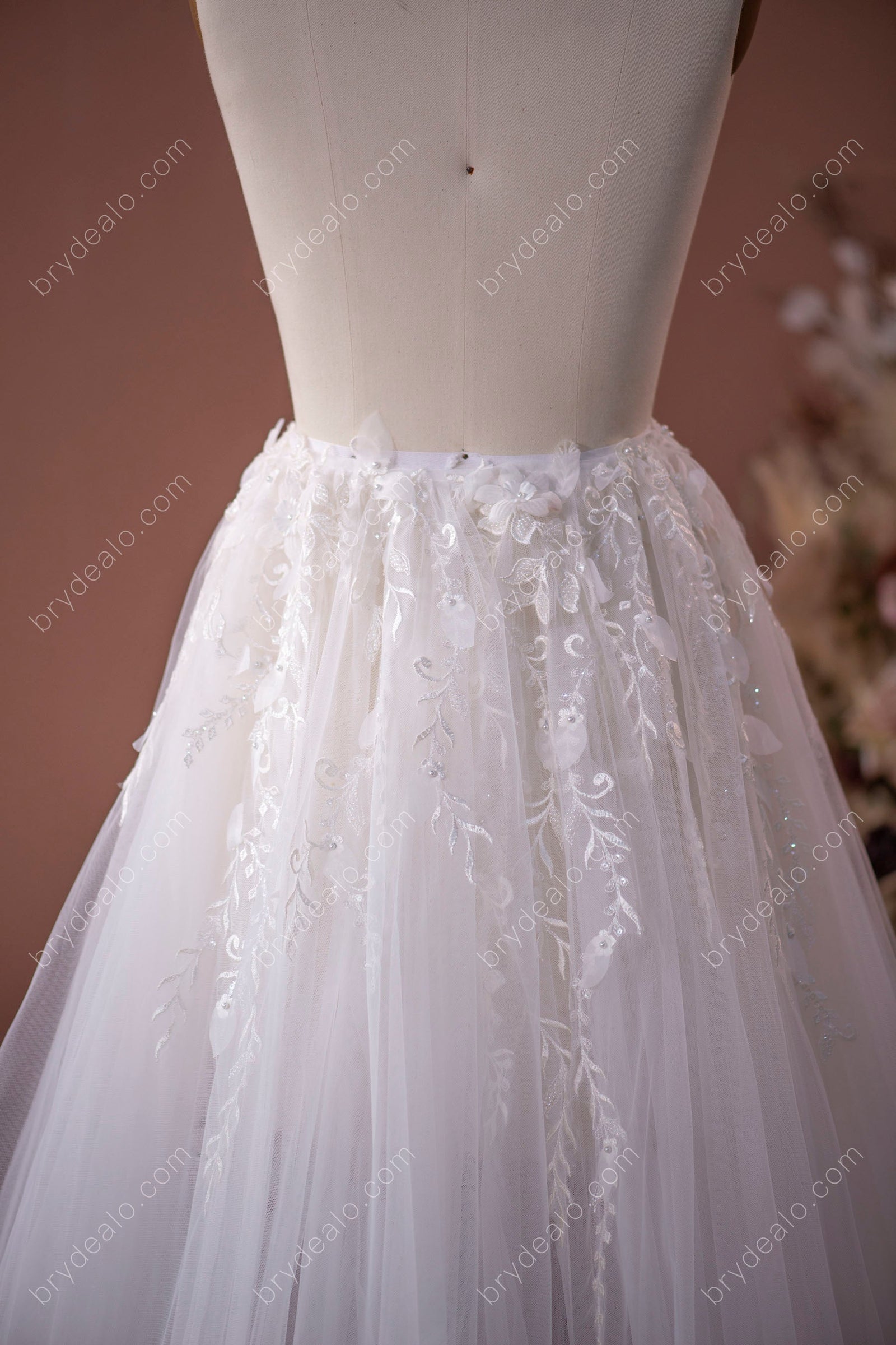 Elegant Pearls Beaded Lace Tulle A-line Court Train Overskirt