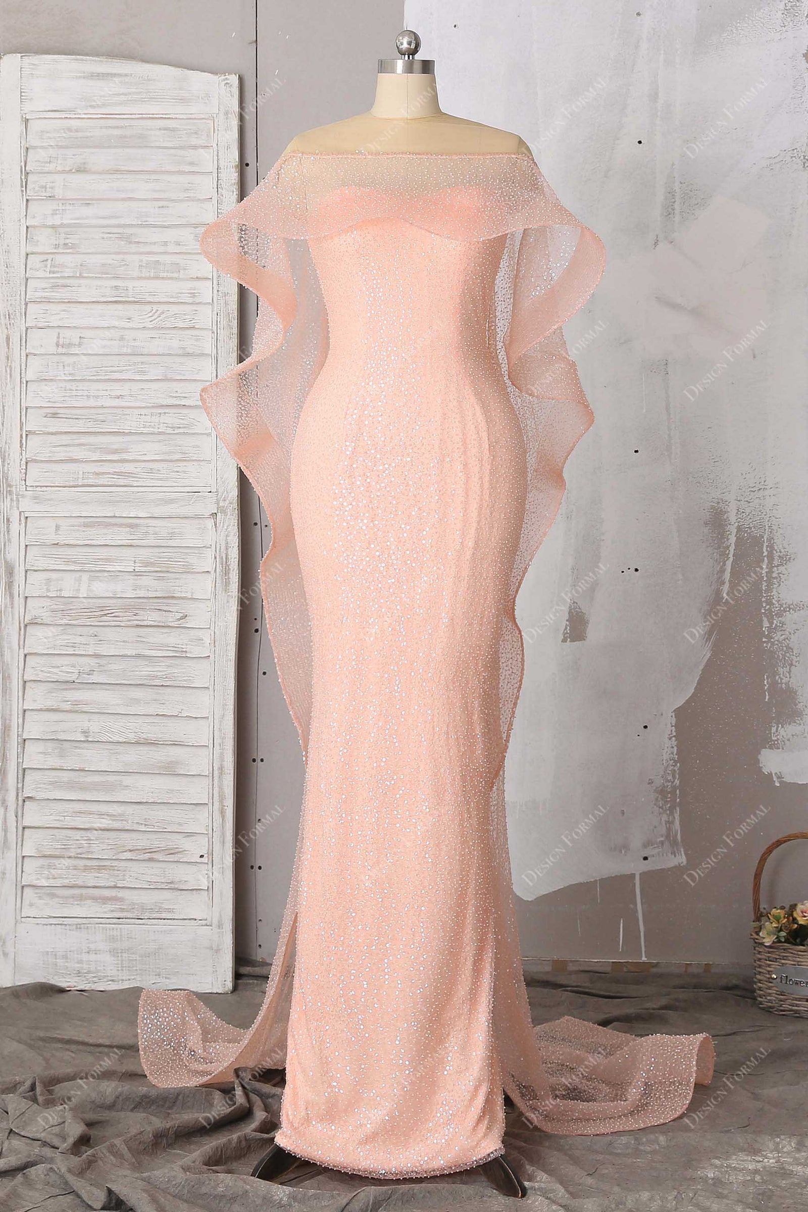 Peach Pink Glitter Cascading Cape Unique Prom Dress