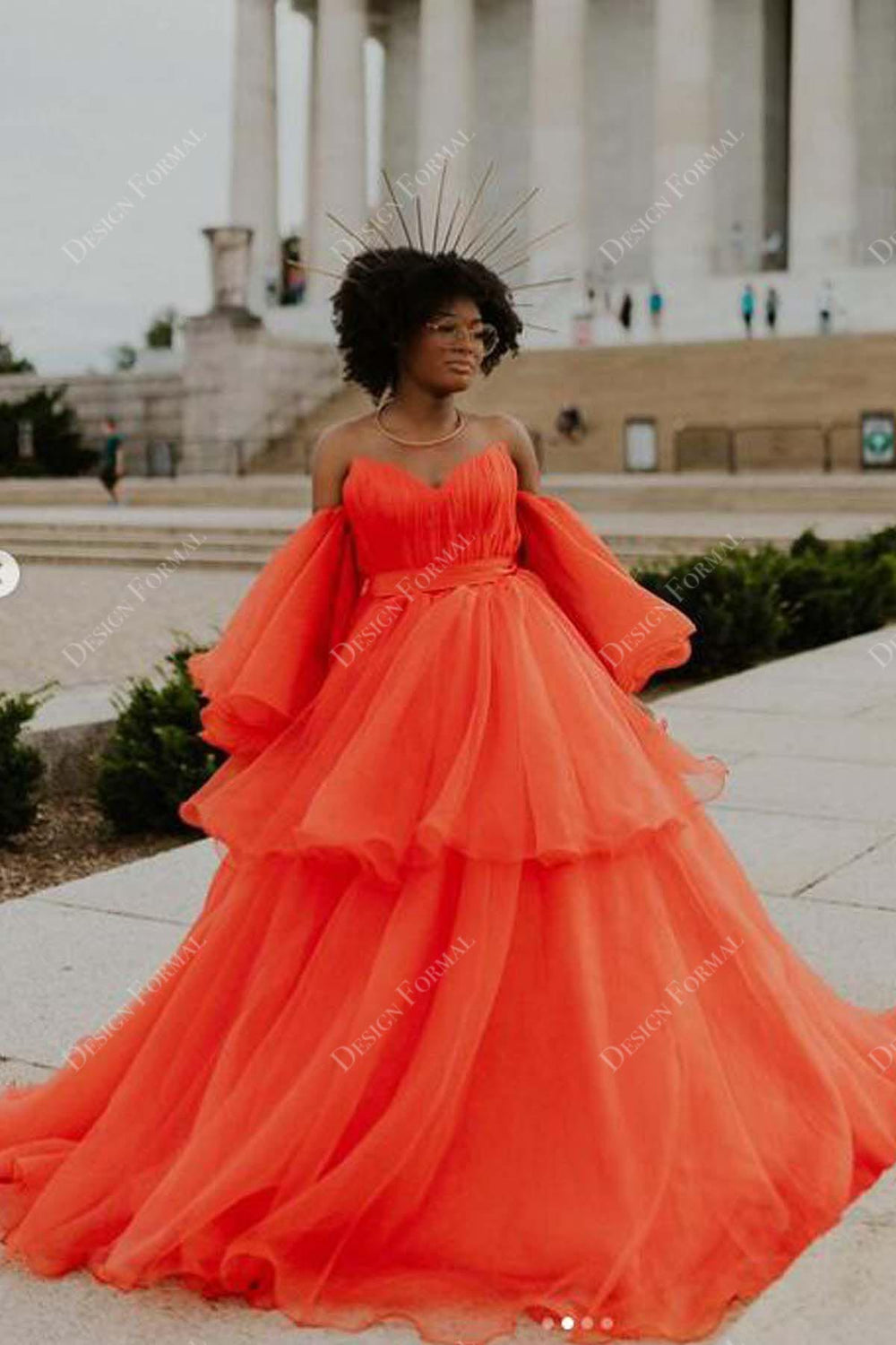 Orange Organza Off-shoulder Prom Custom Ball Gown Formal Dress