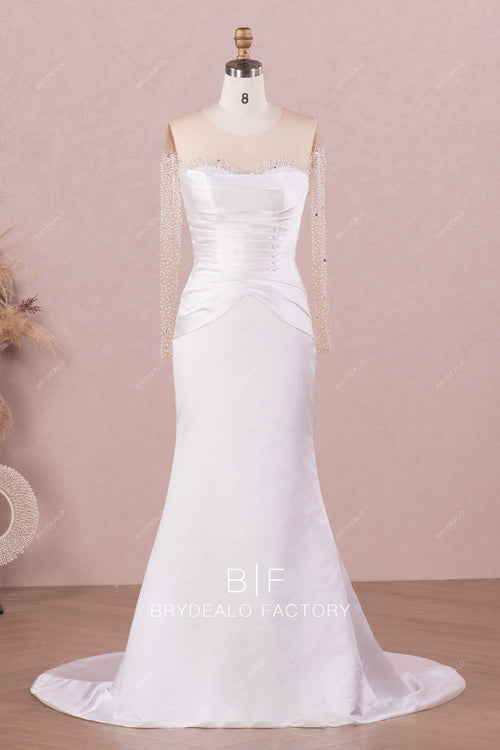 Long Sleeve Illusion Neck Designer Pearls Overskirt Wedding Gown