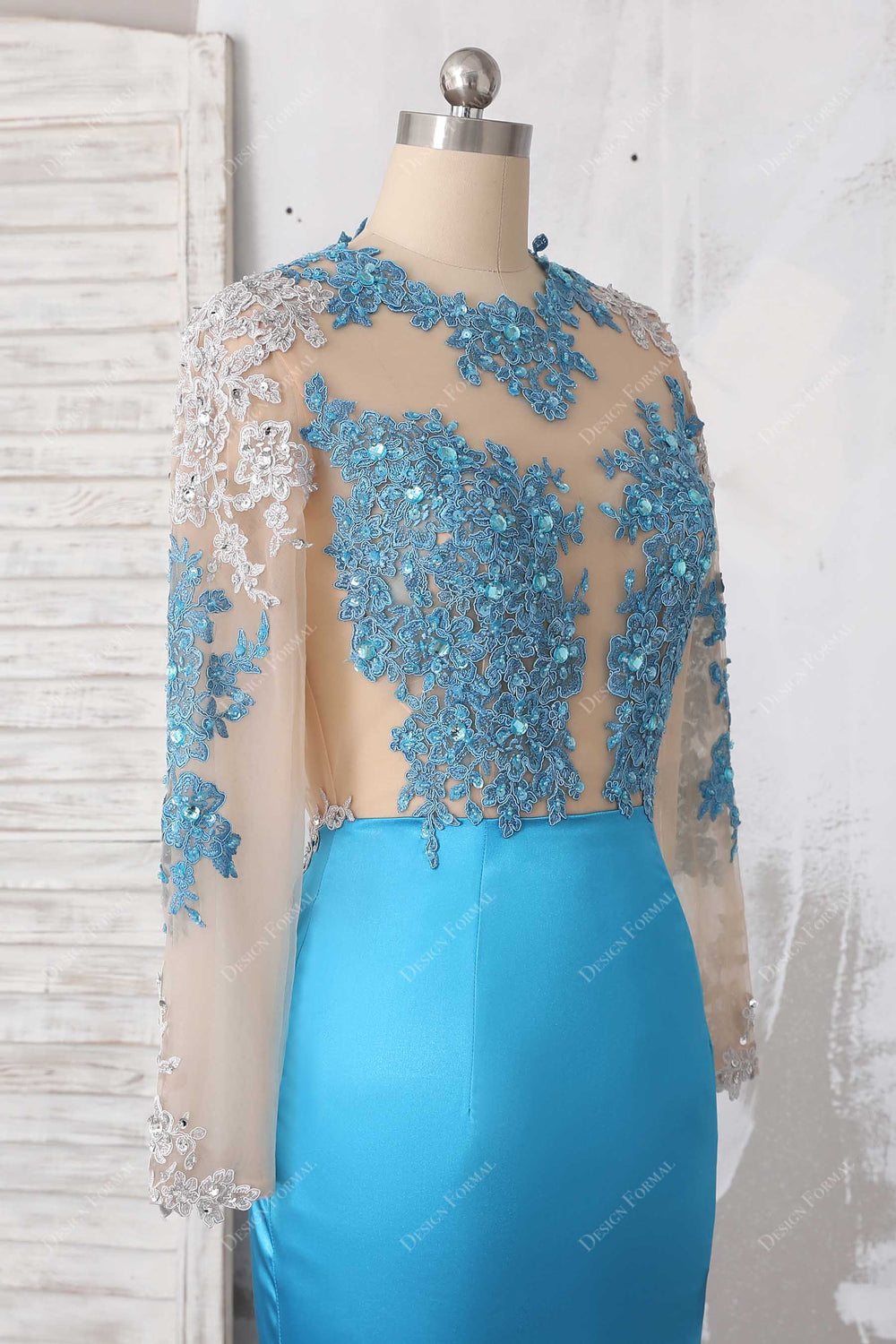 Pool Blue Satin Beaded Lace Sexy Plunging Open Back Mermaid Prom Dress