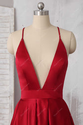 Red Satin Plunging V-neck Sexy Open Back Simple A-line Prom Dress