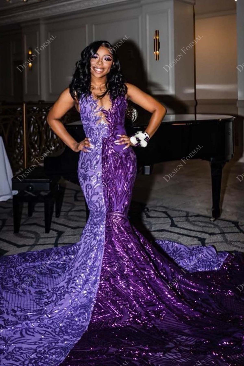 Purple Two-Tone Plunging Tailor-Made Long Train Prom Dress