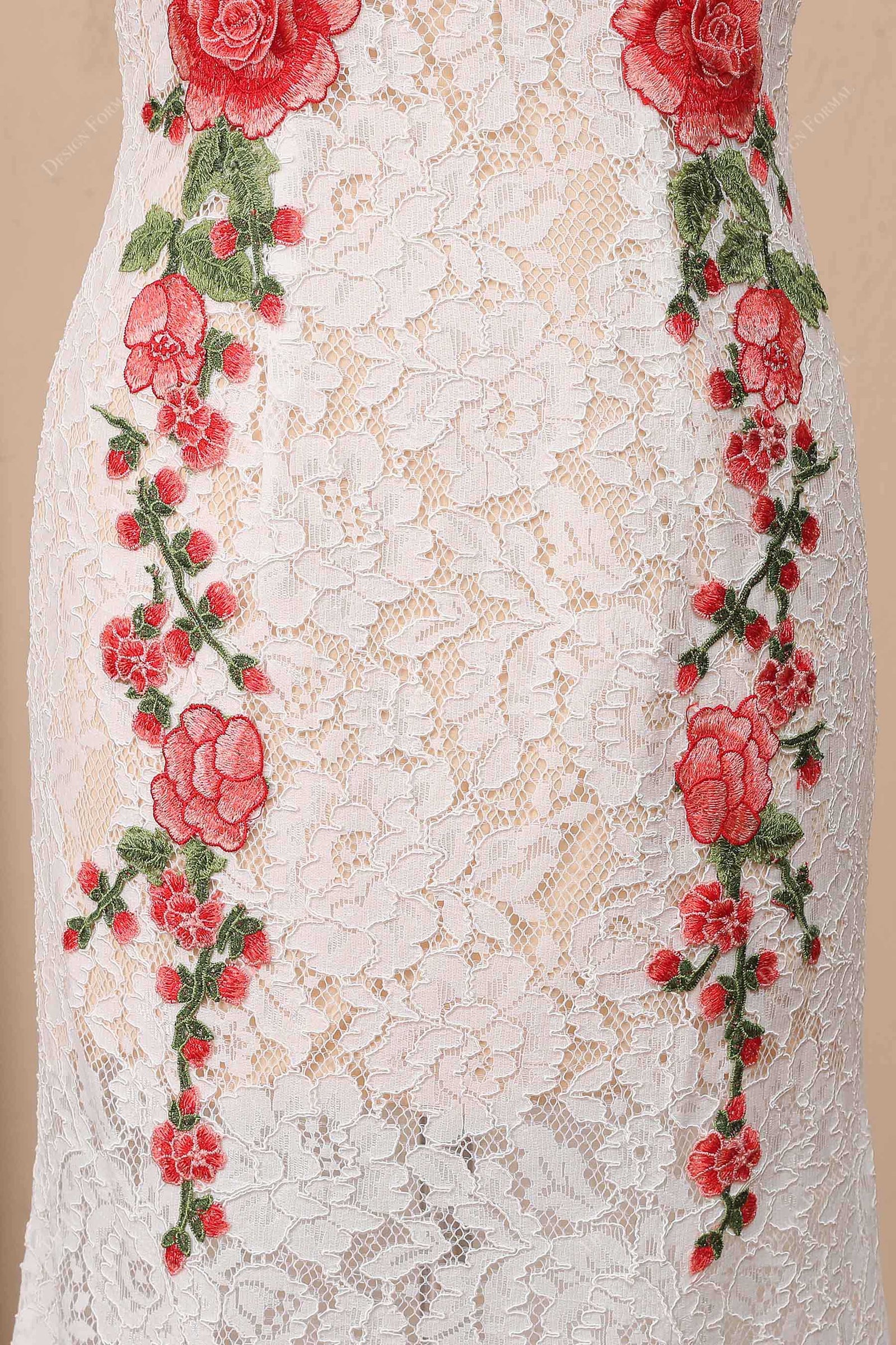 Red Flower White Lace Trumpet Floor Length Evening Casual Bridal Dress