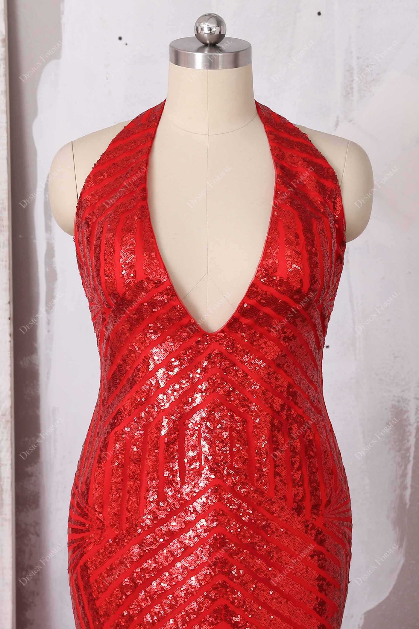 Plus Size Shiny Ruby Striped Sequin Halter Plunging Mermaid Prom Dress