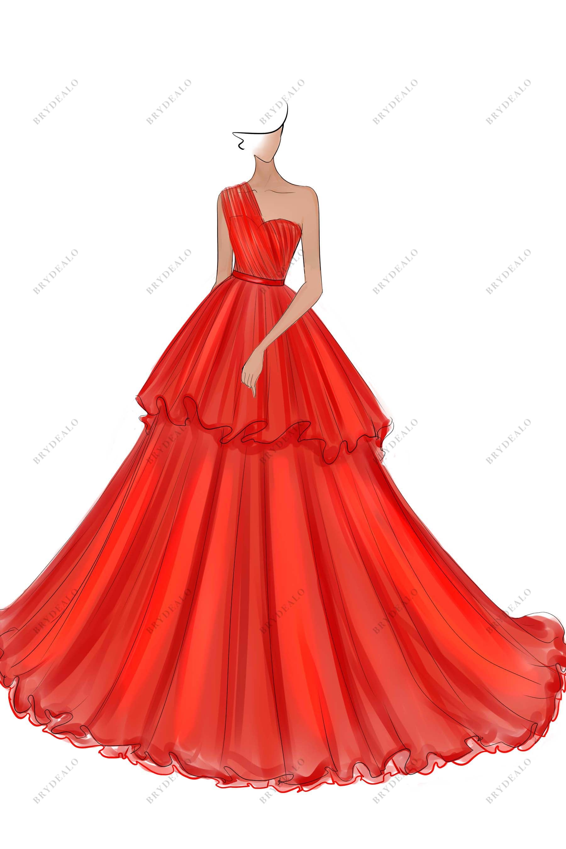 Popular Red Organza One-shoulder Prom Ball Gown Sketch
