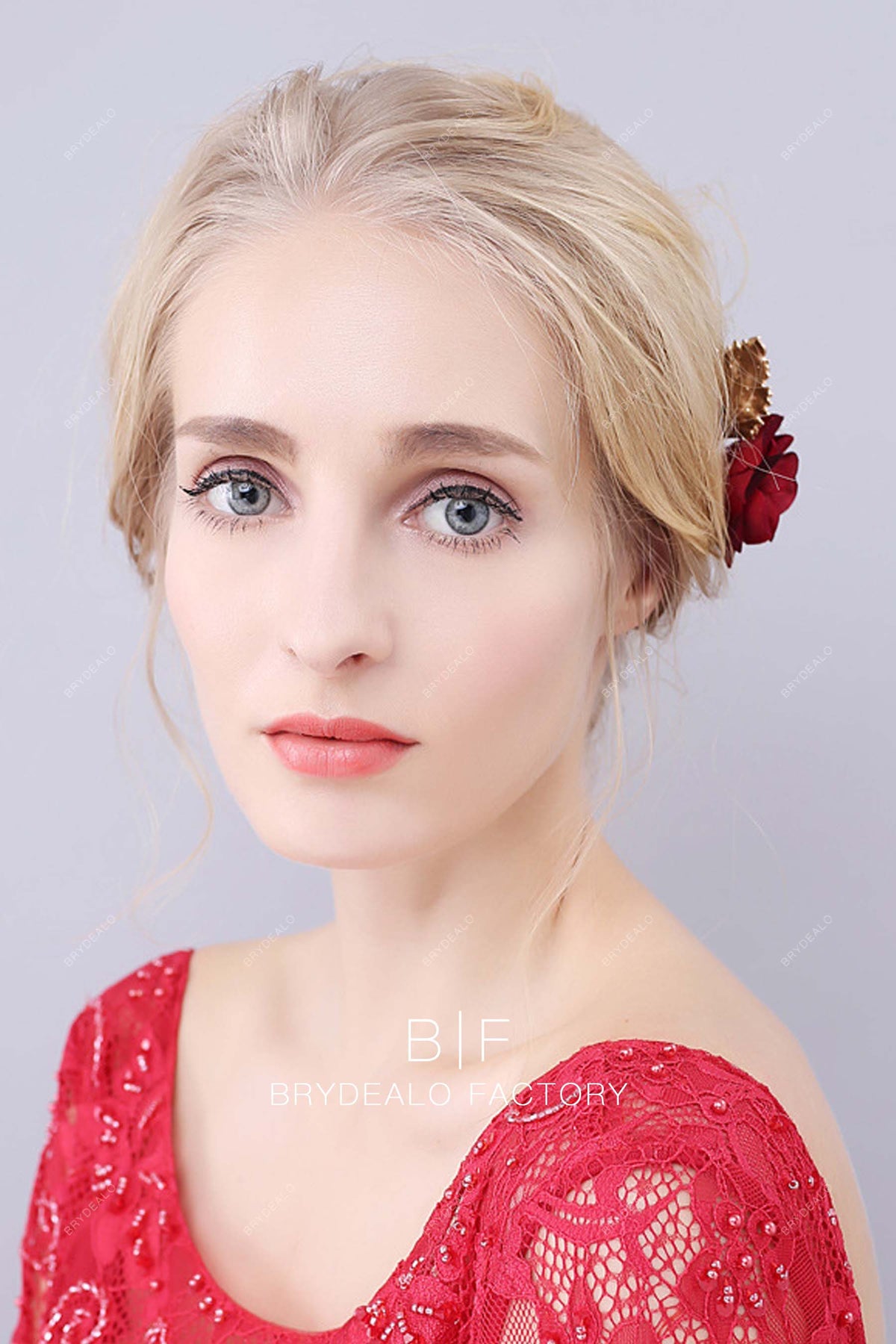 Designer Red Rose Hair Pin Pearls Leaf Metal Bridal Headpiece