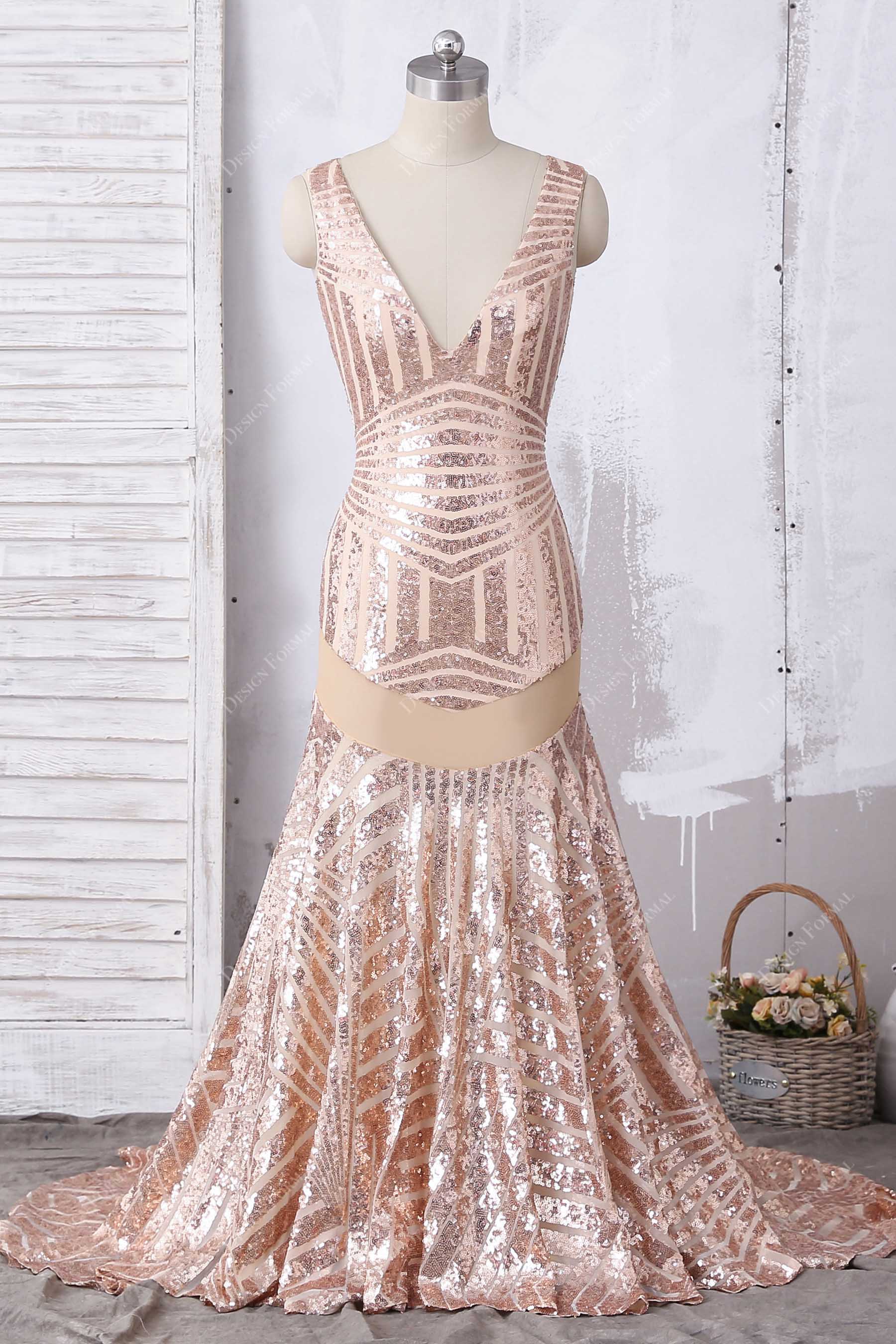 Rose Gold V-neck Unique Bombshell Sequin Mermaid Prom Dress