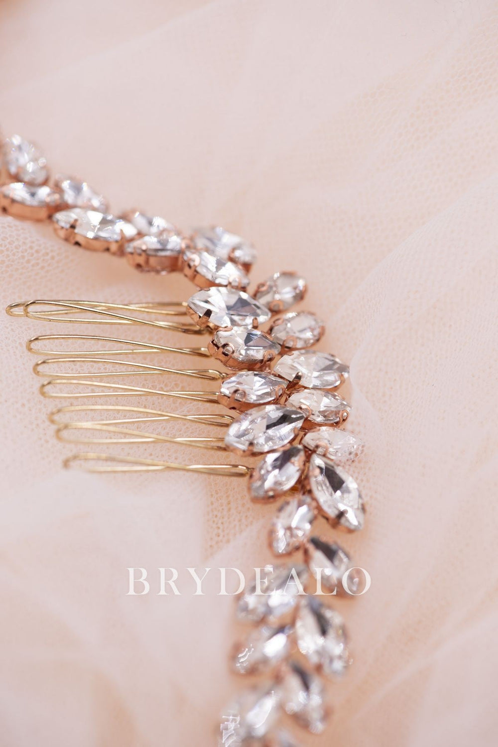 Noble Rose Gold Rhinestones Leafy Wedding Hair Comb