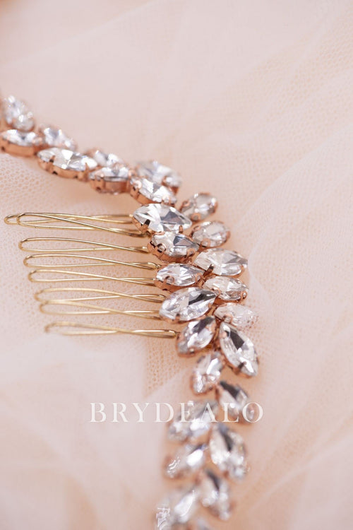 Noble Rose Gold Rhinestones Leafy Wedding Hair Comb