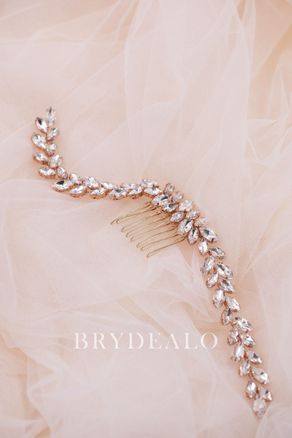 Noble Rose Gold Rhinestones Leafy Wedding Hair Comb
