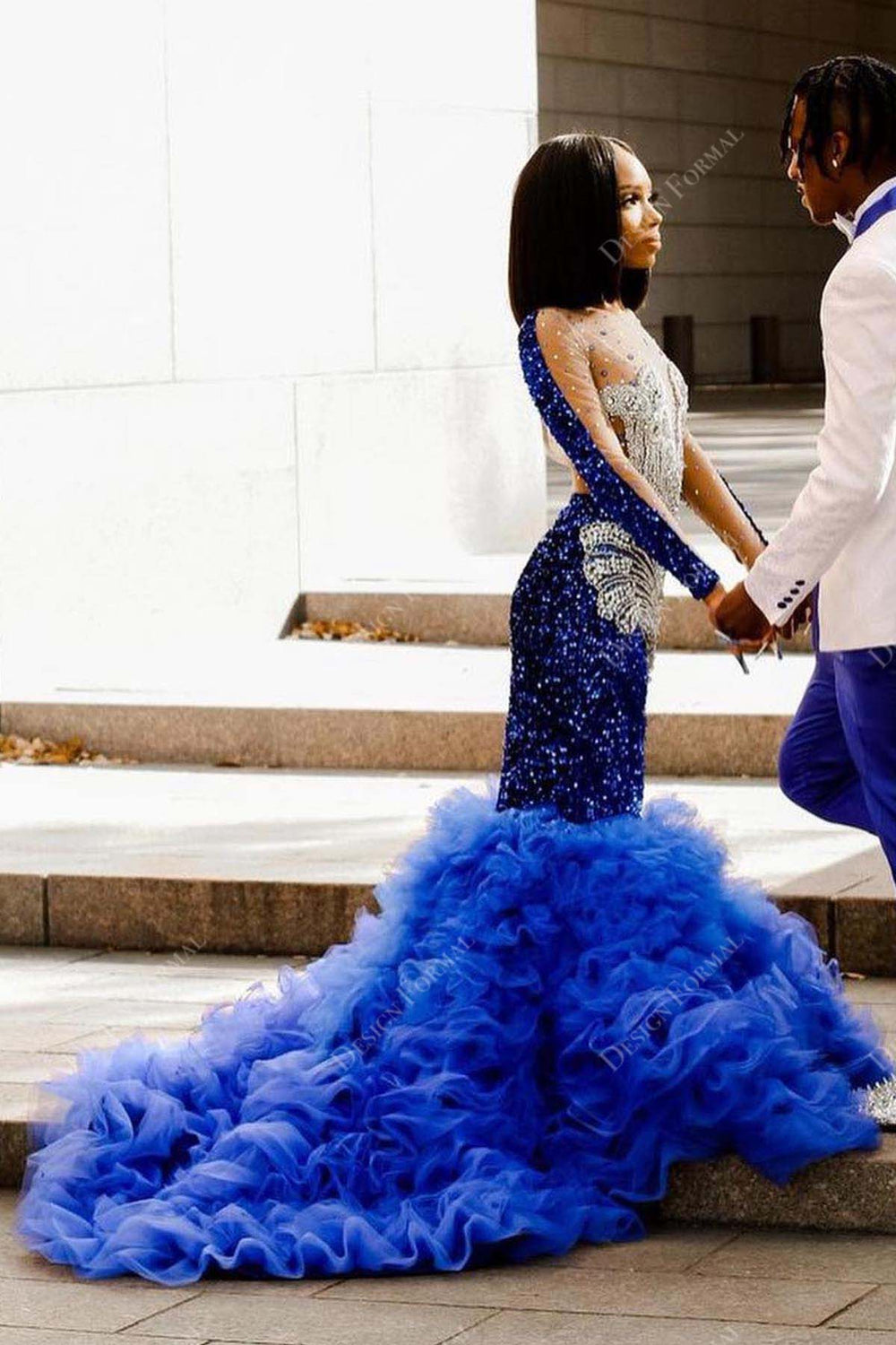 Crystals Illusion Royal Blue Ruffled Handmade Prom Dress