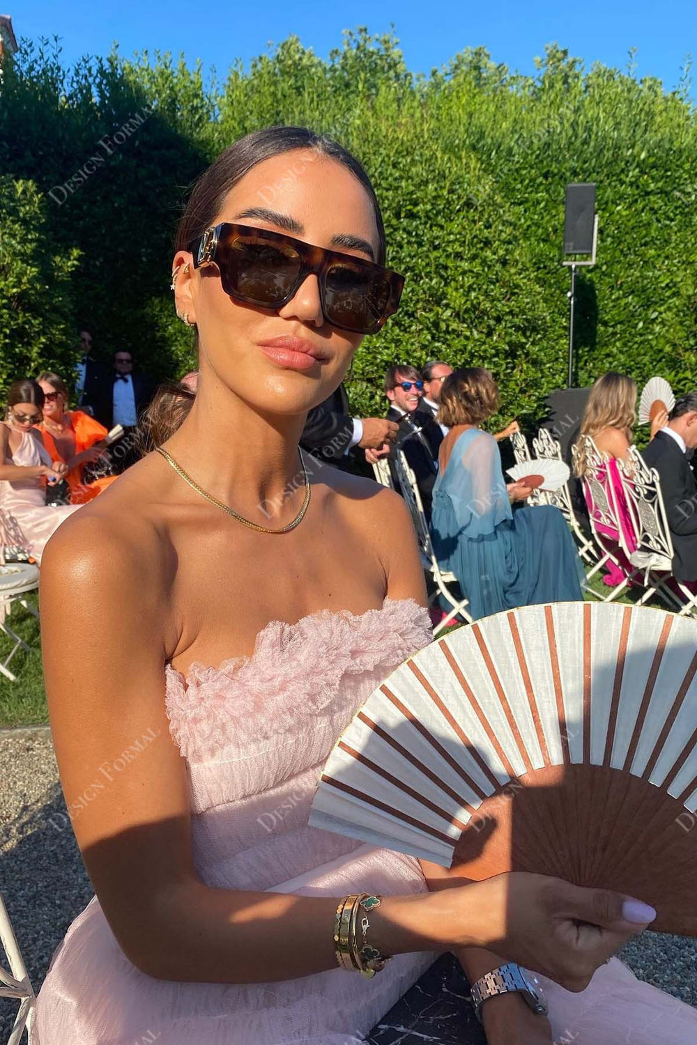 Pink Tulle Strapless Ruffled Tea Length Custom Formal Dress