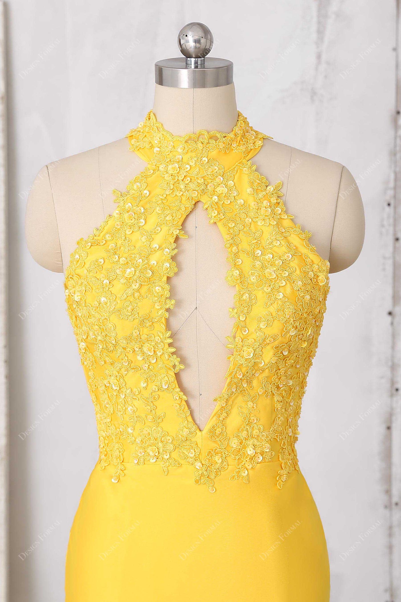 Yellow Lace Keyhole Halter Jersey Sexy Open Back Mermaid Dress