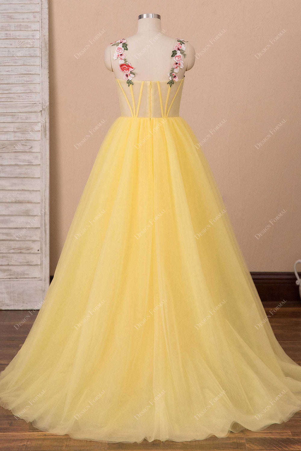 Yellow Tulle Corset Pageant Embroidered Straps Slit Fairy Prom Dress