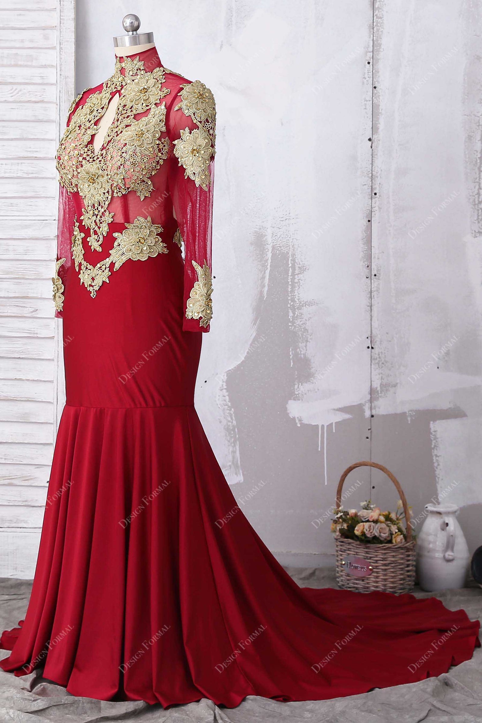 Gold Lace Red Jersey Turtle Neck Plus Size Sexy Open Back Mermaid Prom ...
