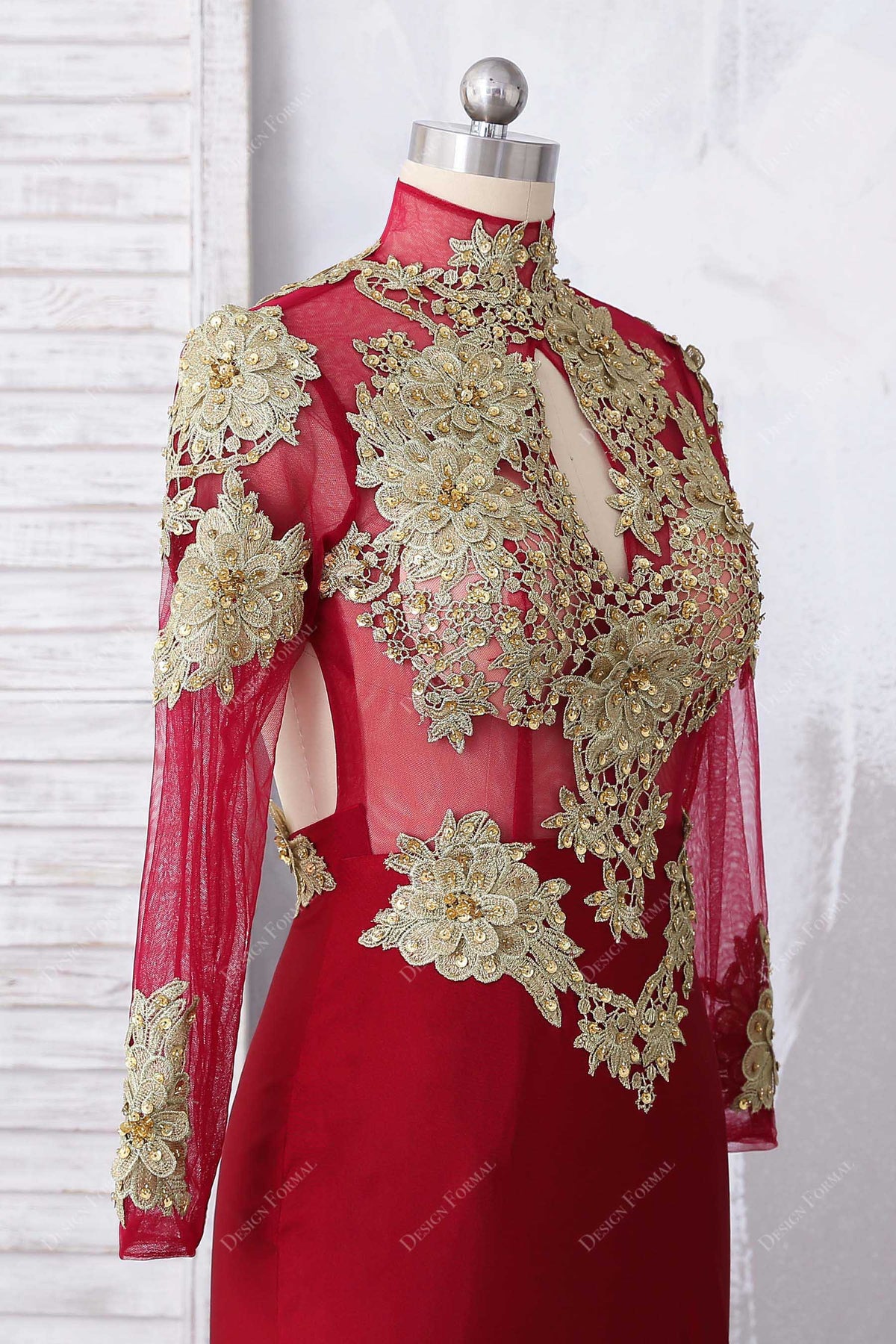 Gold Lace Red Jersey Turtle Neck Plus Size Sexy Open Back Mermaid Prom ...