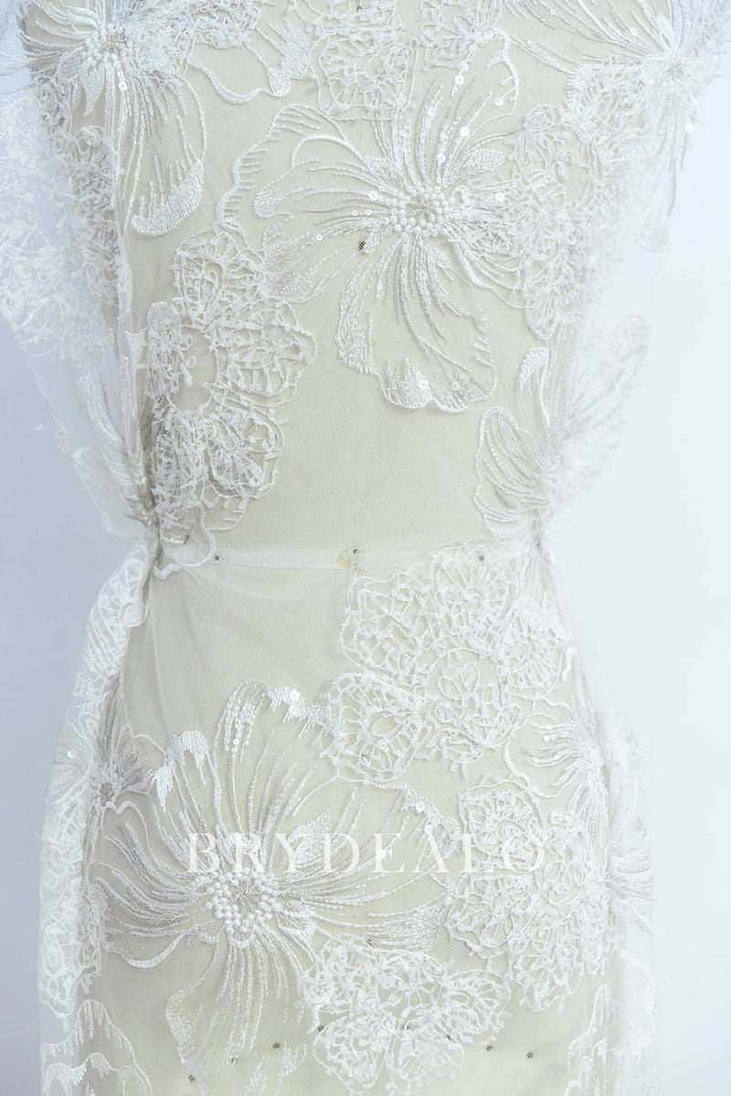 Shimmery Sequined 3D Flower Bridal Lace Fabric By the Yard