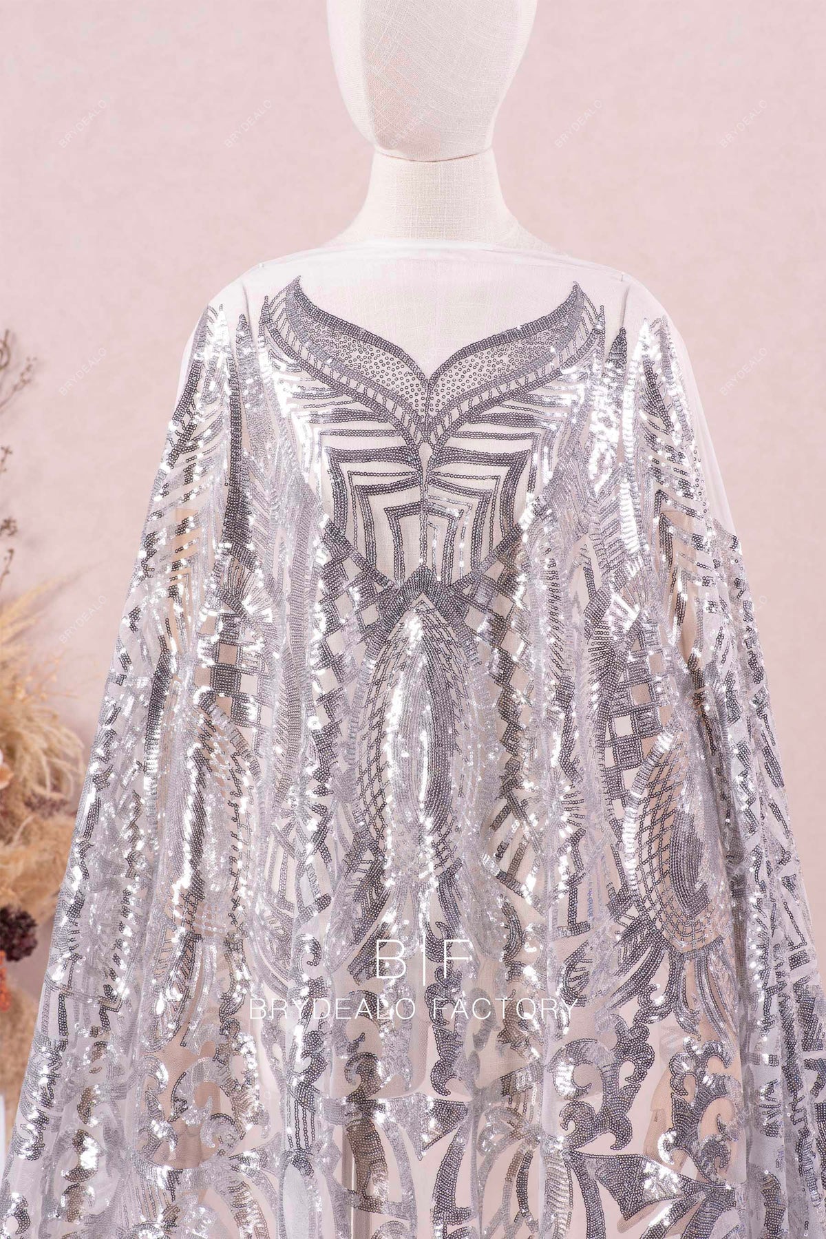 Silver Sparkly Regular Patterned Sequin Fabric For Sale