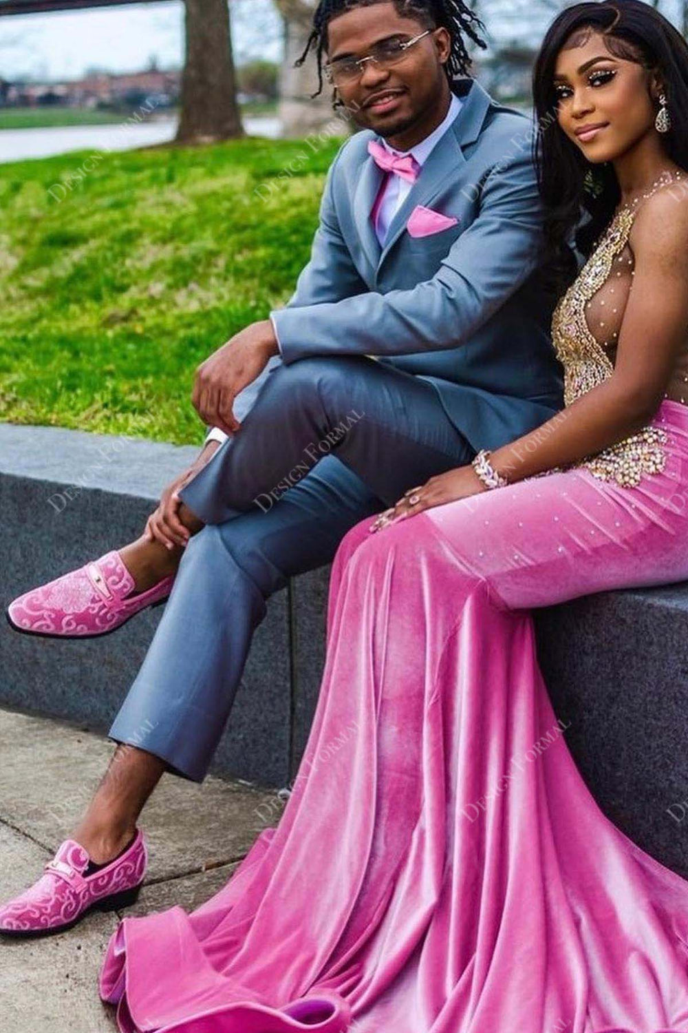 Crystals Illusion Pink Velvet Mermaid Custom Made Prom Dress