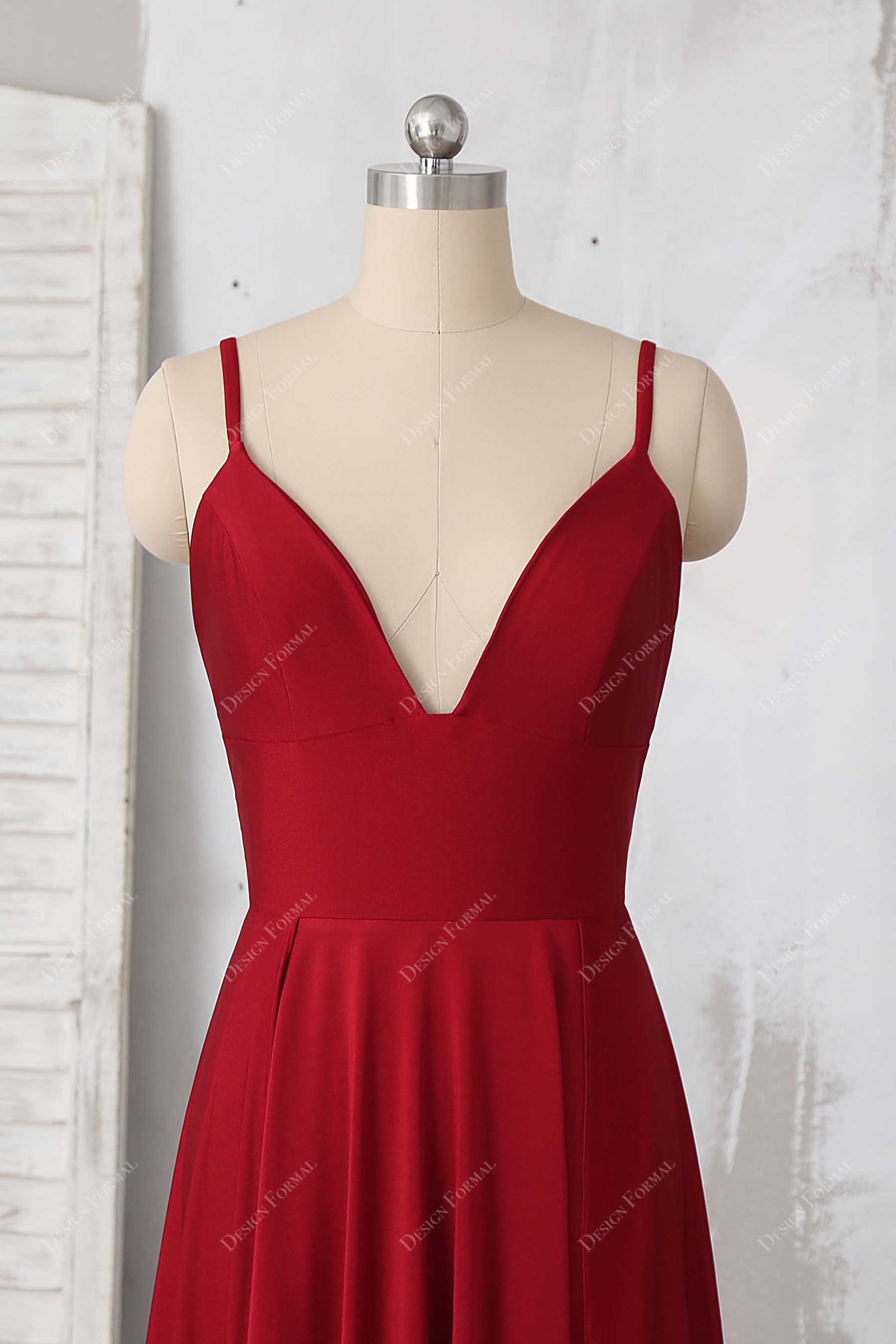 Red Jersey Spaghetti Straps Plunging Slit Simple Bridesmaid Prom Dress