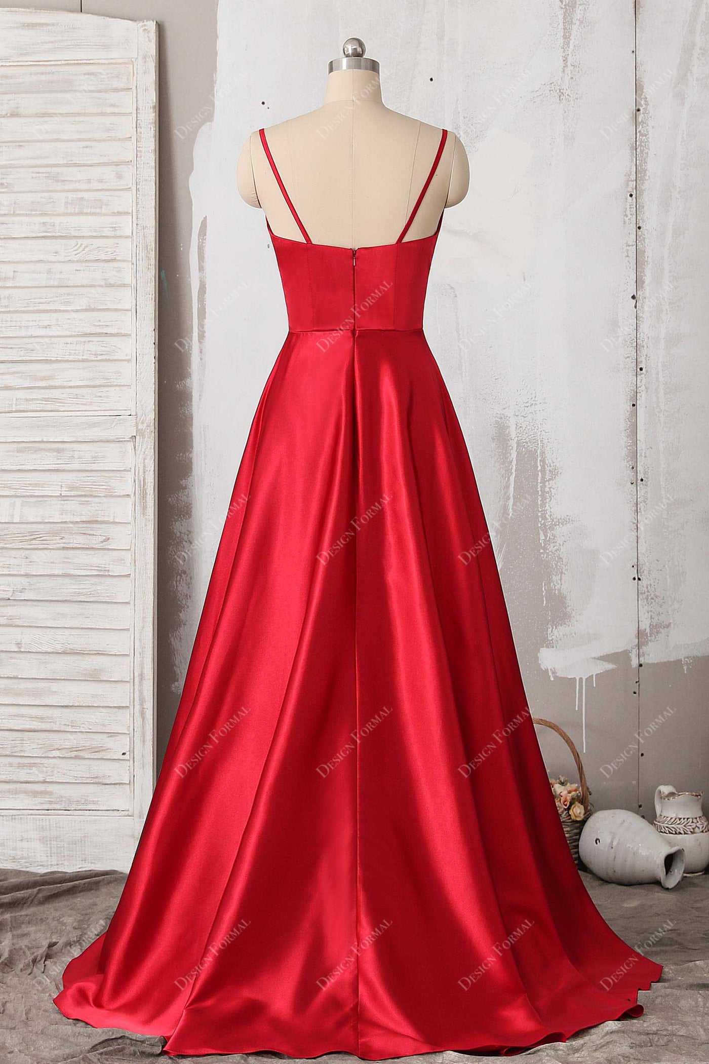 Red Satin Spaghetti Strap Simple V-neck Floor Length Evening Prom Dress