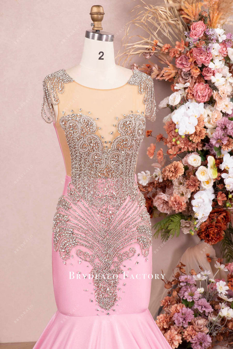 Rhinestones Pink Chapel Feather Train Sleeveless Mermaid Prom Dress