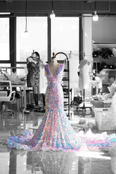 Iridescent Sequin Plunging V-neck Dramatic Prom Dress