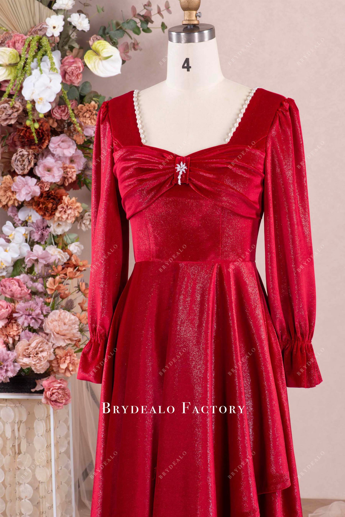 Red Shimmery Velvet Ankle Length Long Sleeve Host Evening Dress