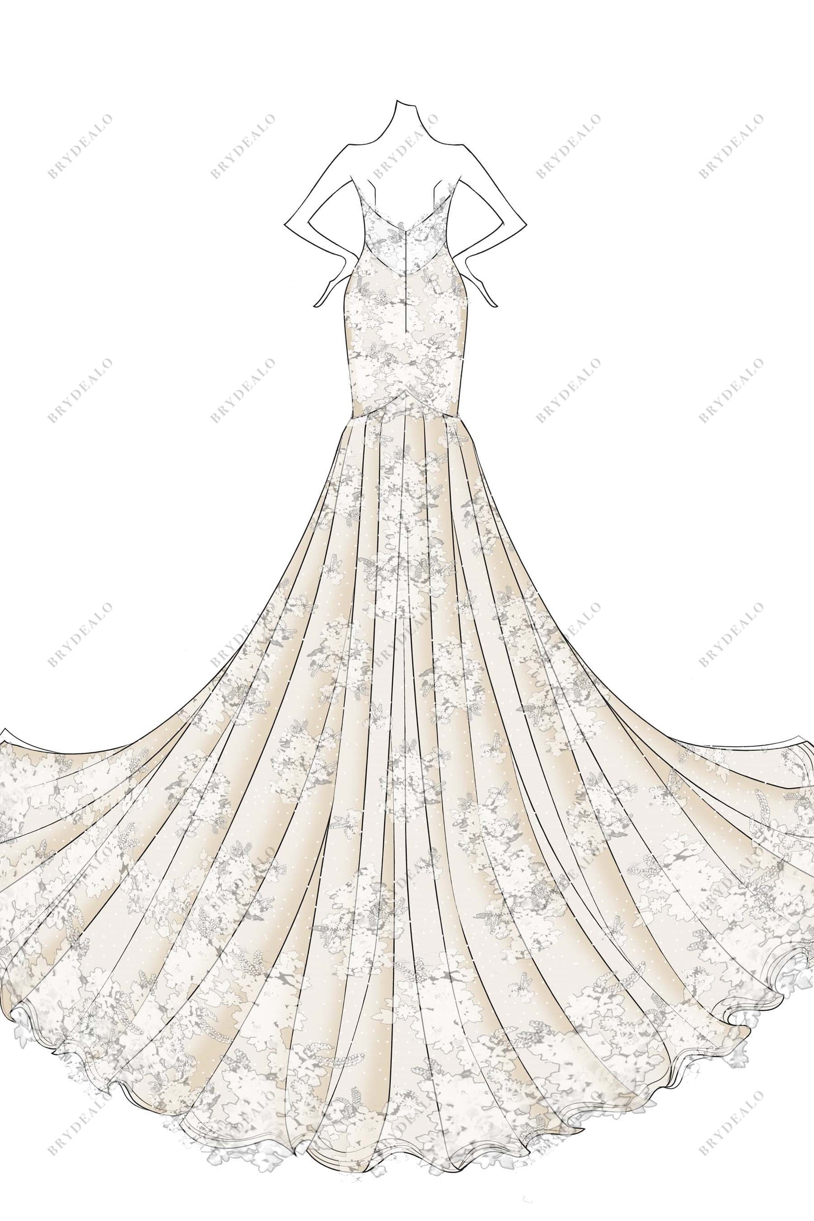 Strapless Ivory Lace Champagne Mermaid Designer Wedding Dress Sketch