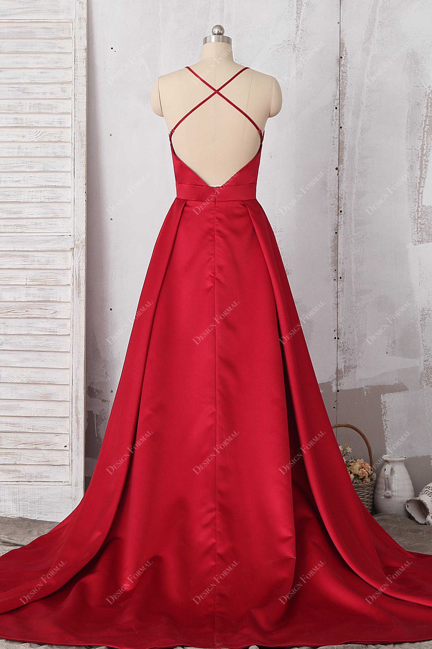 Red Satin Plunging V-neck Sexy Open Back Simple A-line Prom Dress