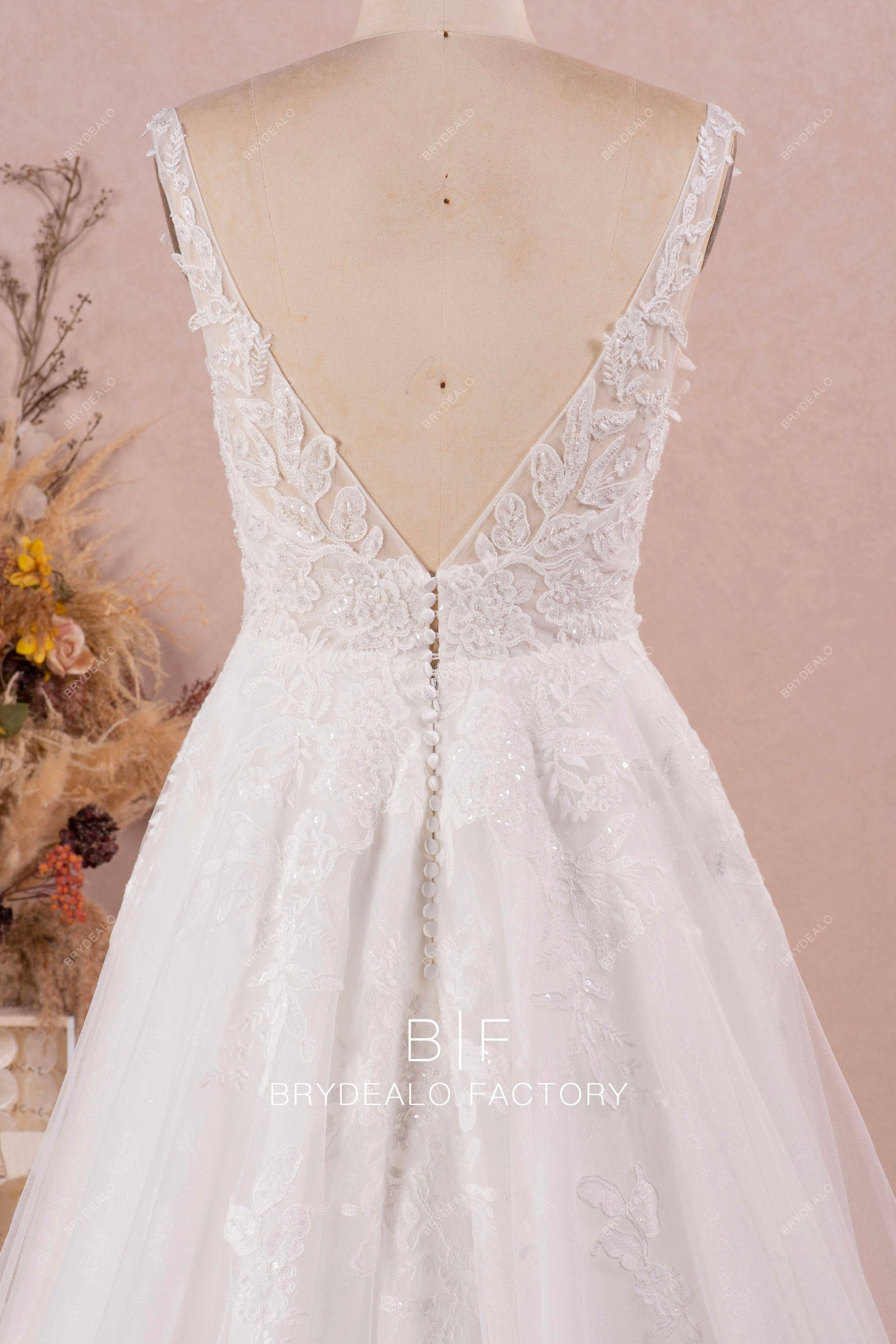Designer Shimmer Lace Sleeveless Plunging Neck Long Bridal Dress