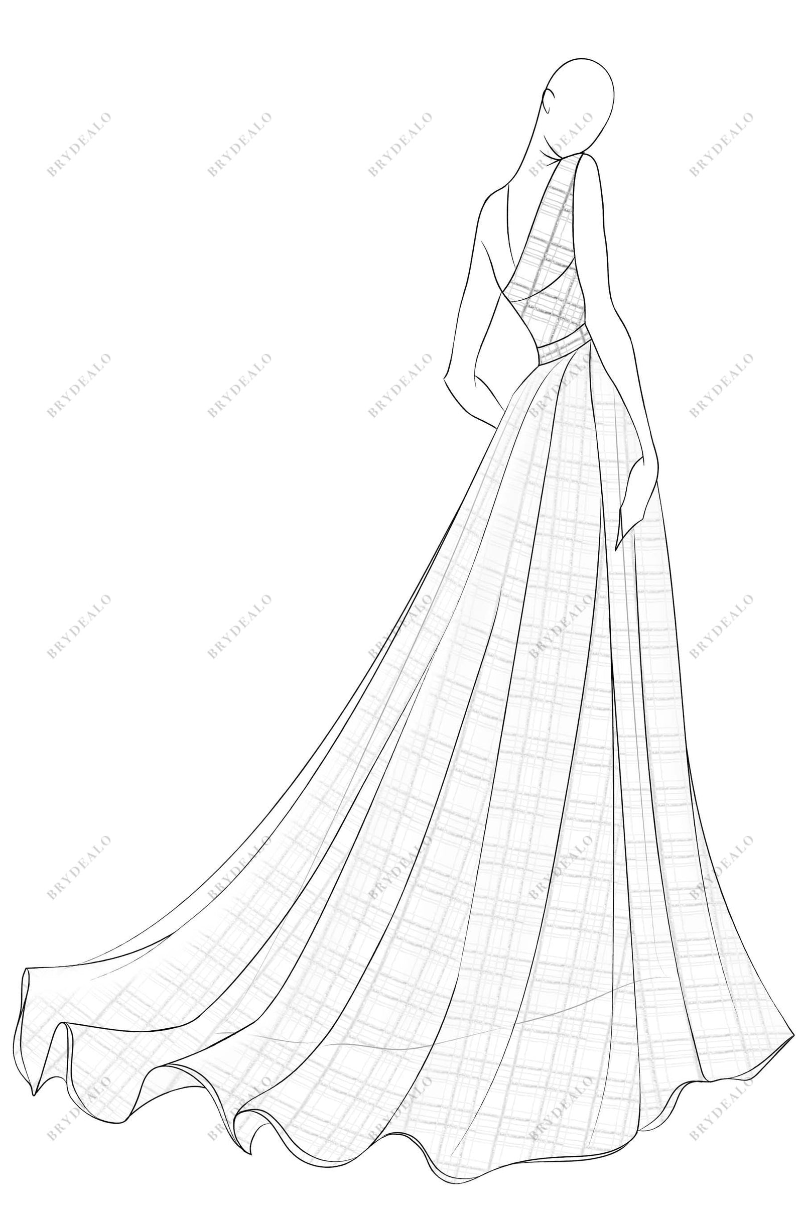 Illusion One Shoulder Sequined Custom-made Wedding Dress Sketch