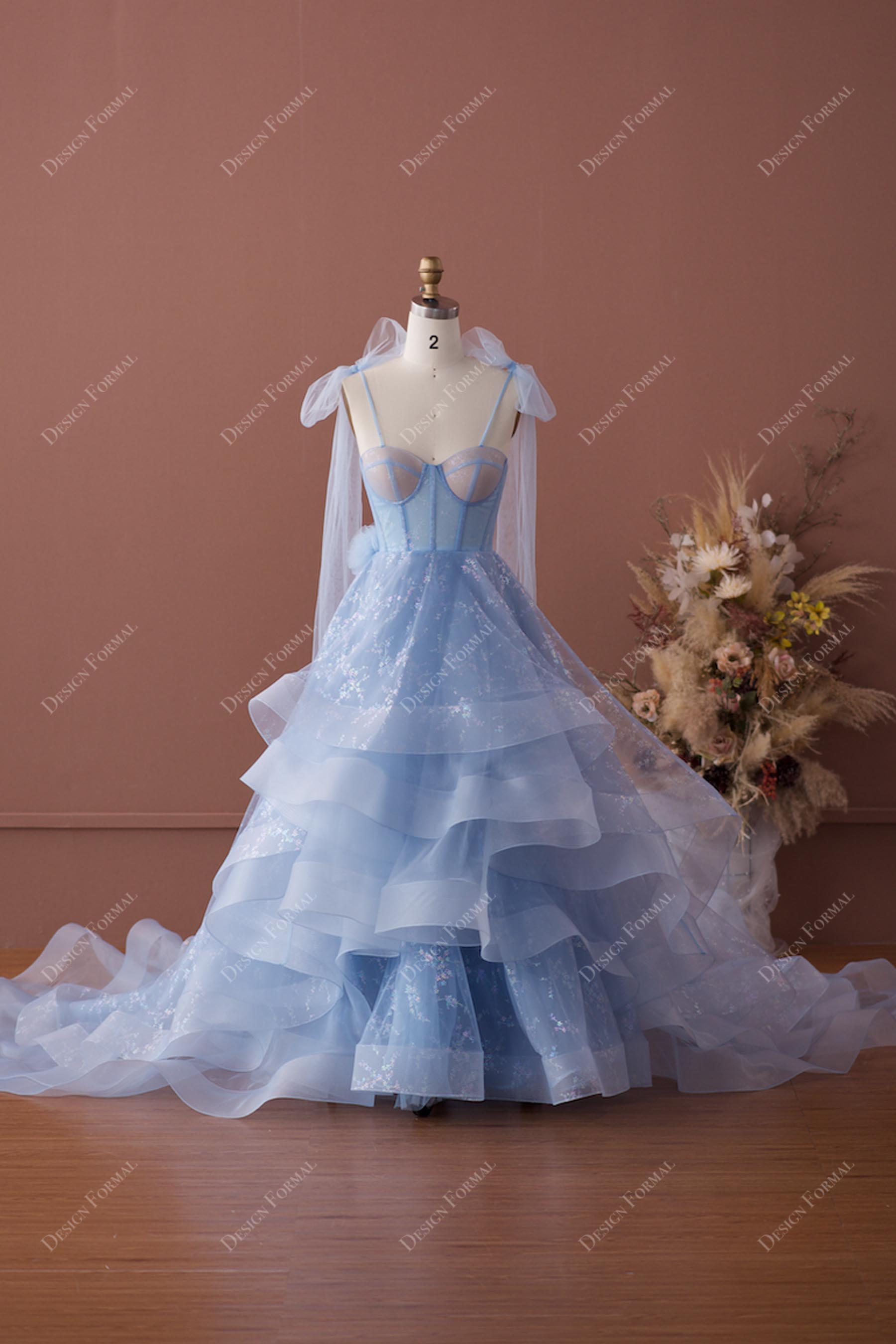 Blue Shimmery Print Dramatic Ruffled High-Low Sweetheart Prom Dress