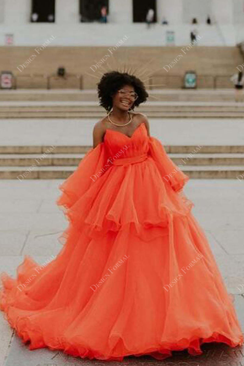 Orange Organza Off-shoulder Prom Custom Ball Gown Formal Dress