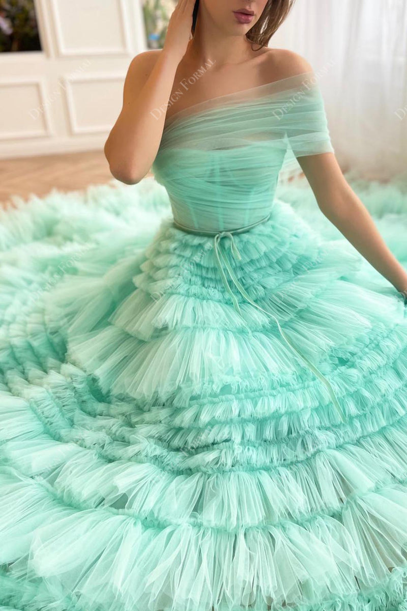 Turquoise Tiered Pleated Tulle One-shoulder Hand-made Bridal Gown