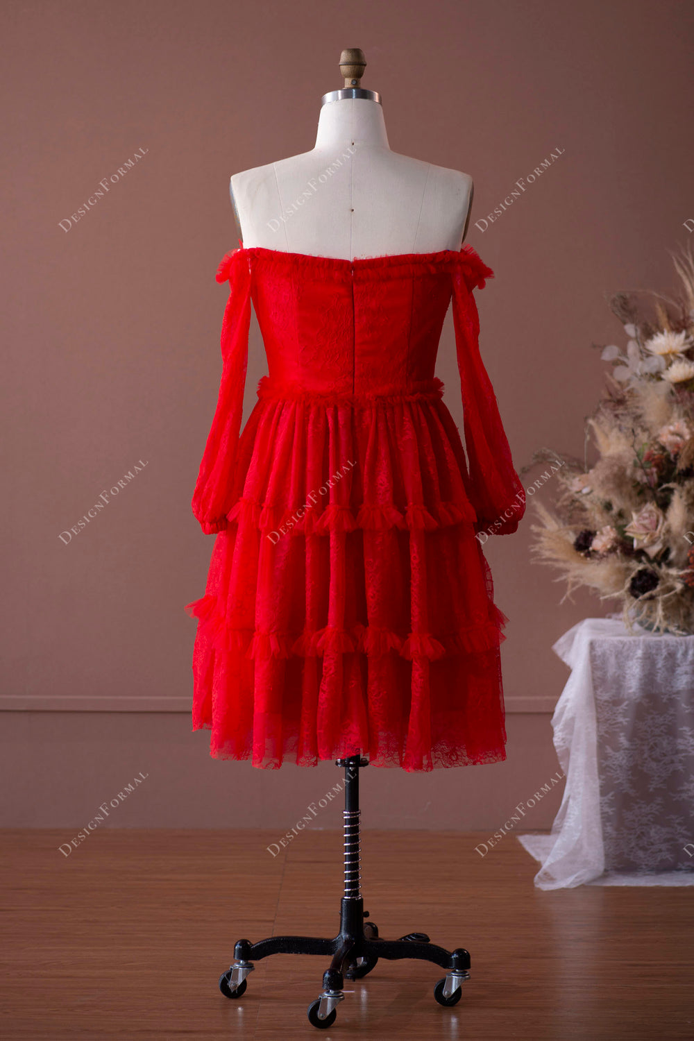 Red Off-shoulder Plus Size Formal Dress with Dot Lace Overskirt