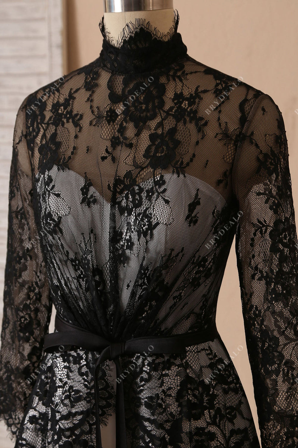 Unique Black Lace Overlaid Gothic A-line Unconventional Bridal Dress