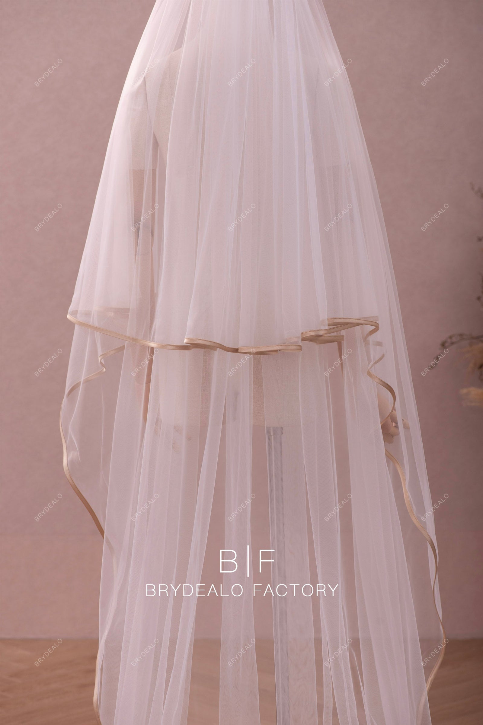 Elegant Champagne Ribbon Two-Tier Wedding Blusher Veil