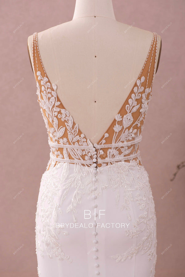 Wild Beaded Lace Crepe Illusion Cutout Train Mermaid Bridal Dress