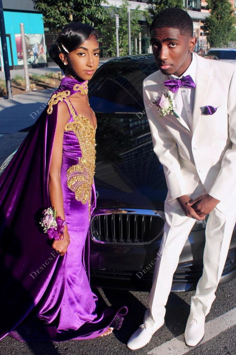 Raspberry Mermaid Velvet Gold Beaded Cape Handmade Prom Dress