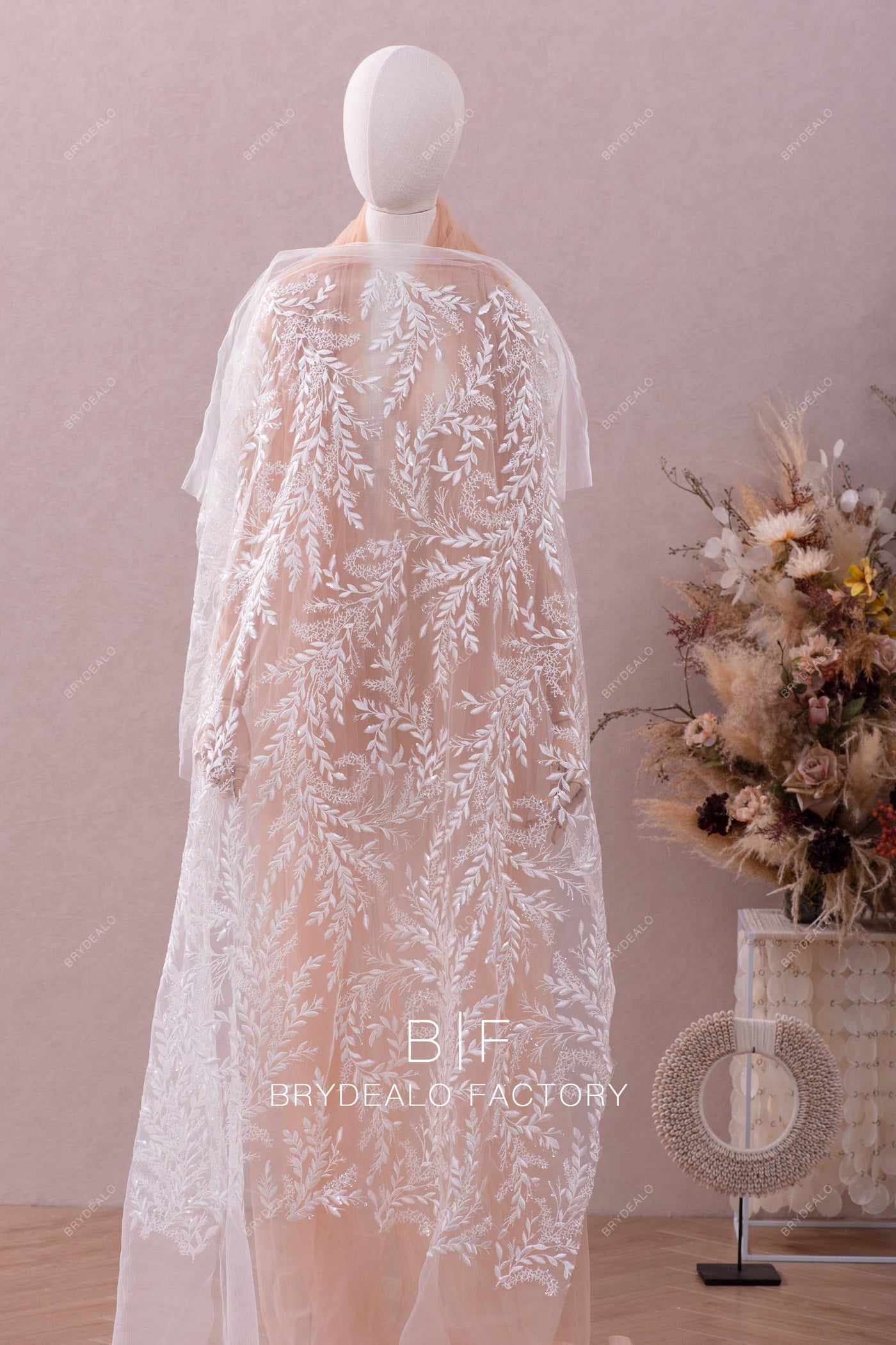 Designer Shimmery Leaf Motif Embroidery Lace Fabric